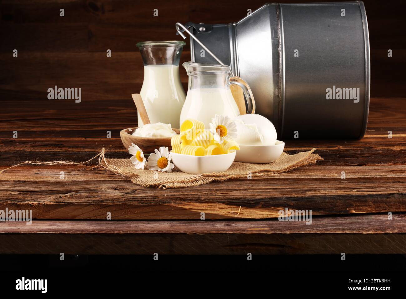 milk products. tasty healthy dairy products on a table on. mozzarella ...