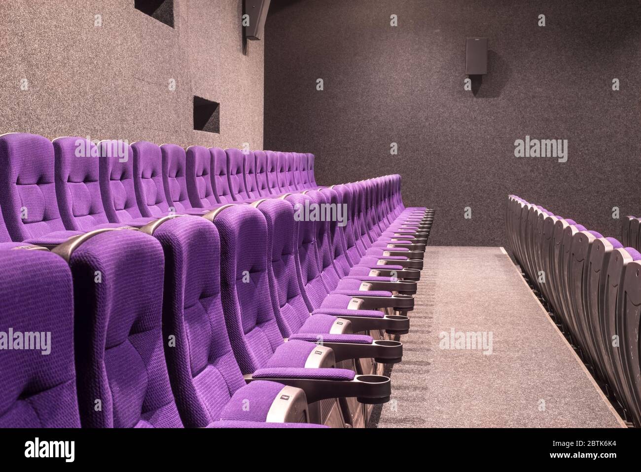 Empty comfortable red seats with numbers in cinema General plan of pink ...