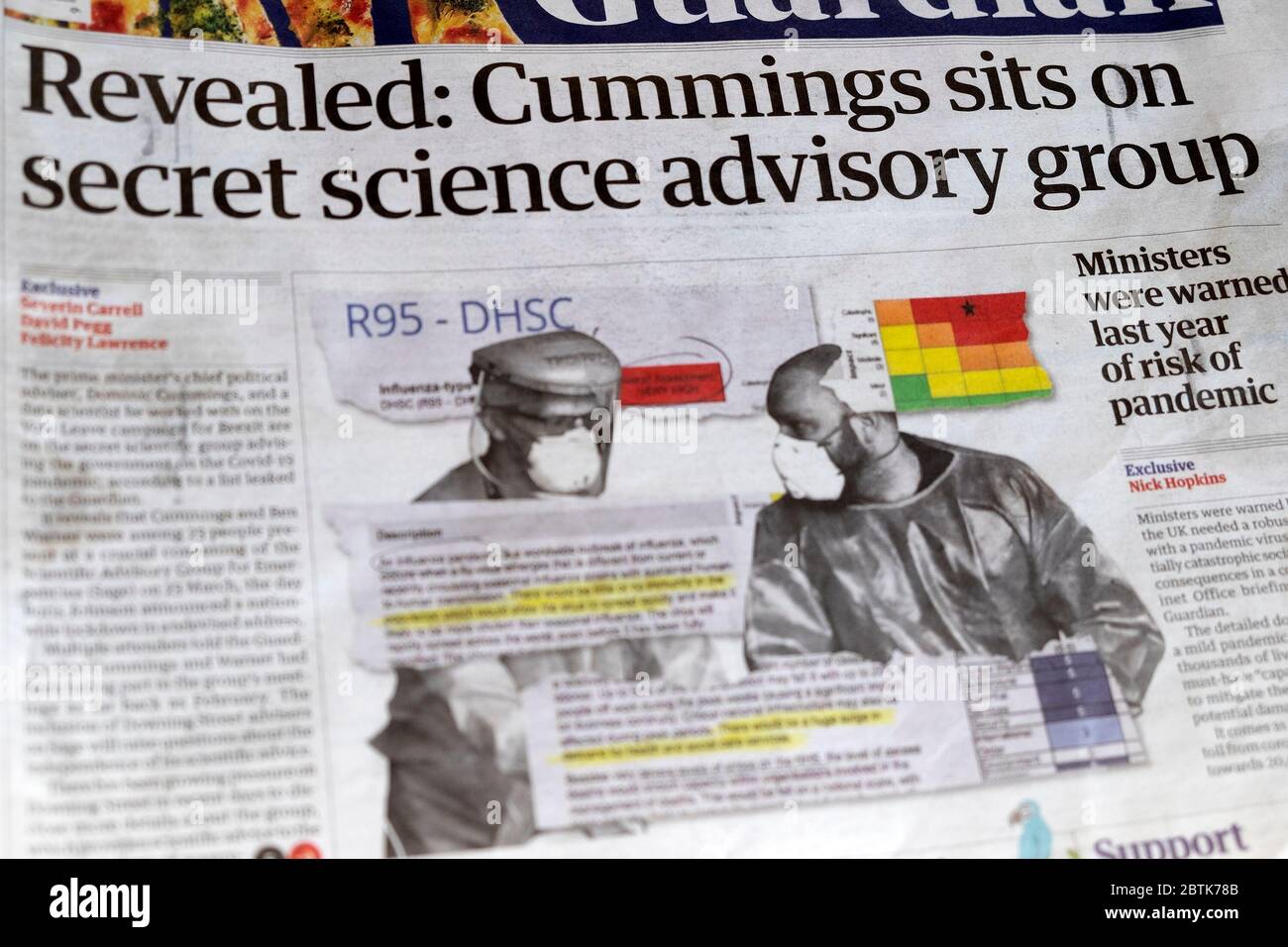 Newspaper headline "Revealed: Cummings sits on secret science advisory ...