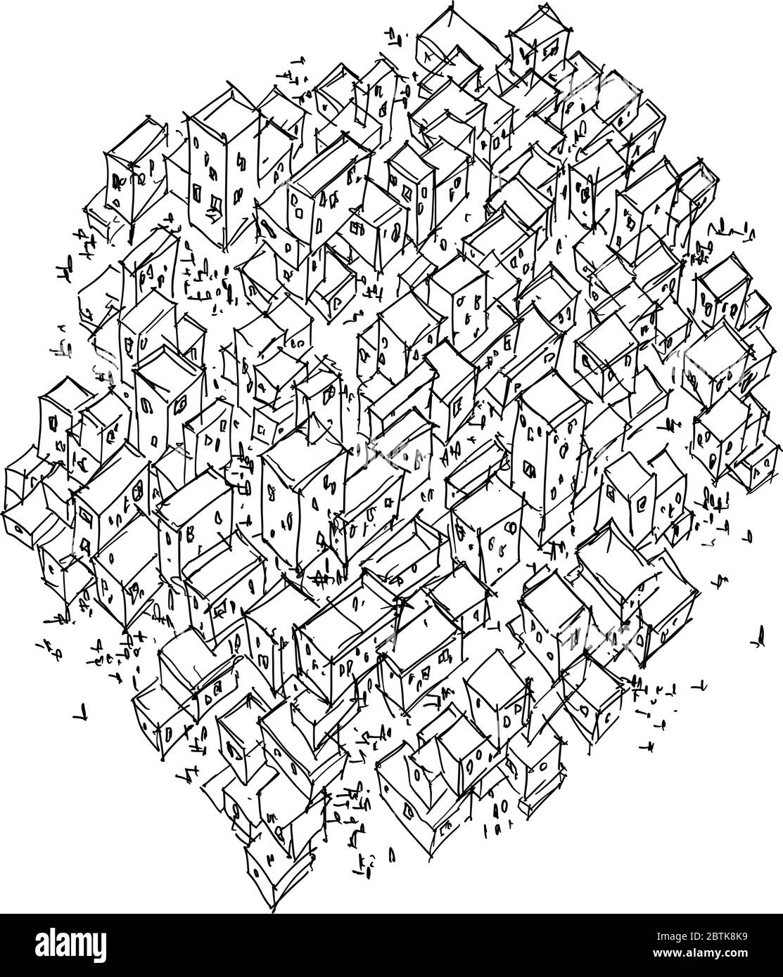 hand drawn sketch of giant slum city composed of rectangular houses and ...
