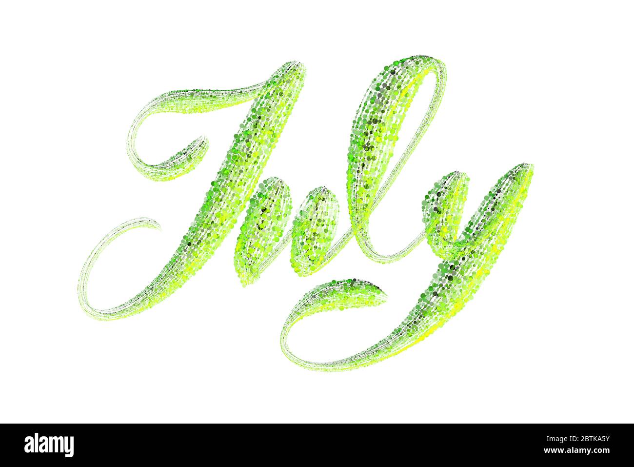 July lettering word written with green luminous particles isolated on ...