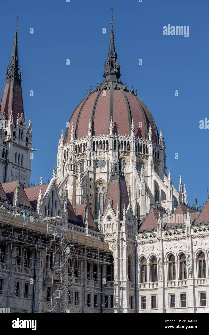 Dome of Hungarian Parliament in repair with scaffolding in Budapest ...