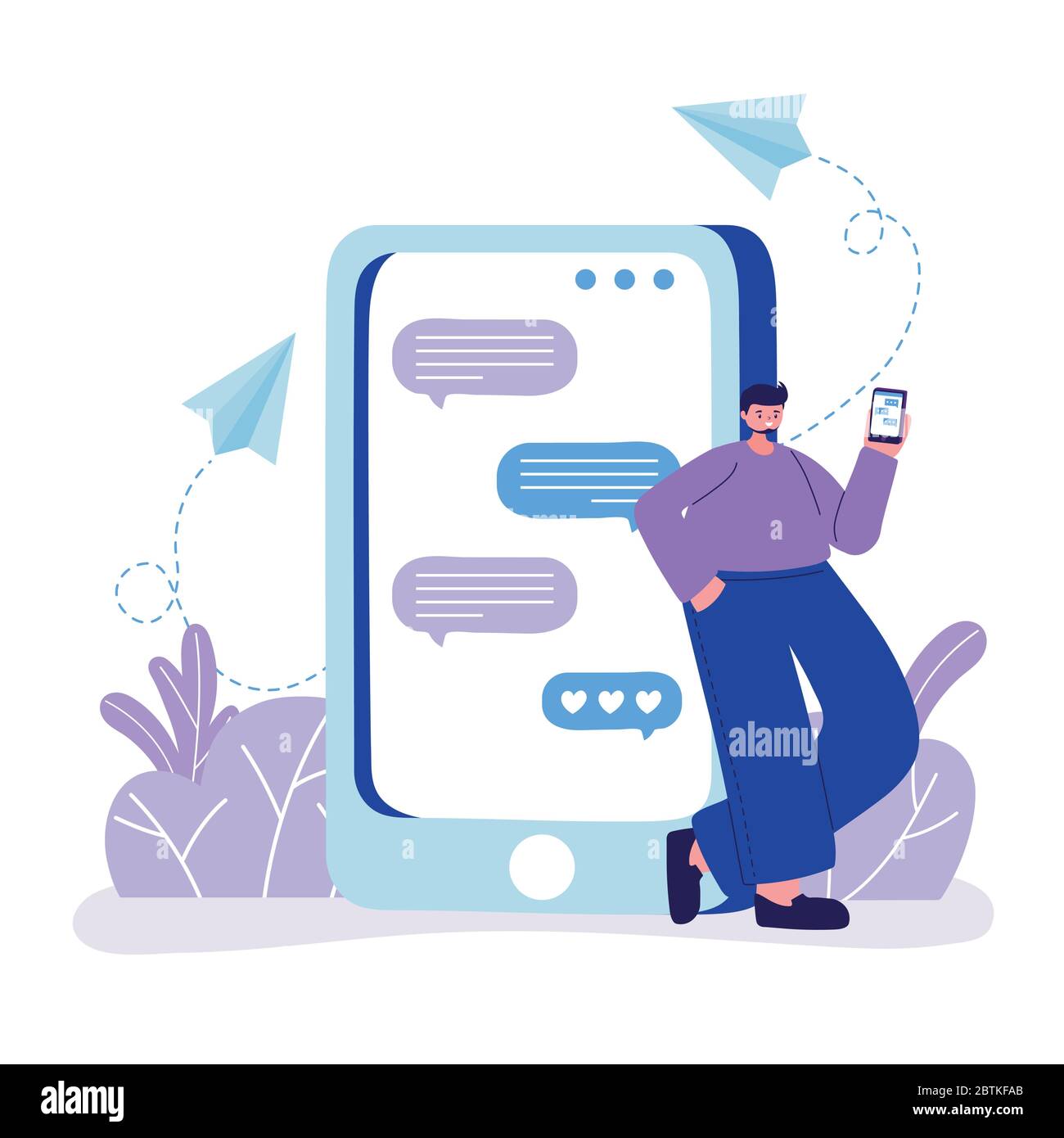 young man character with smartphone communicate chatting vector ...