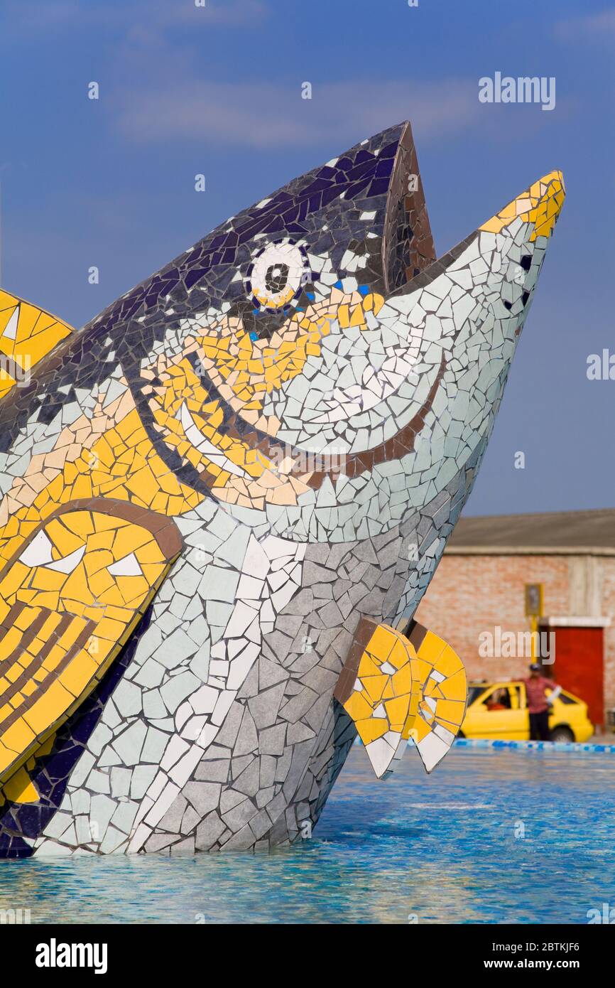 Tuna fountain on the Malecon near the docks, City of Manta, Manabi ...
