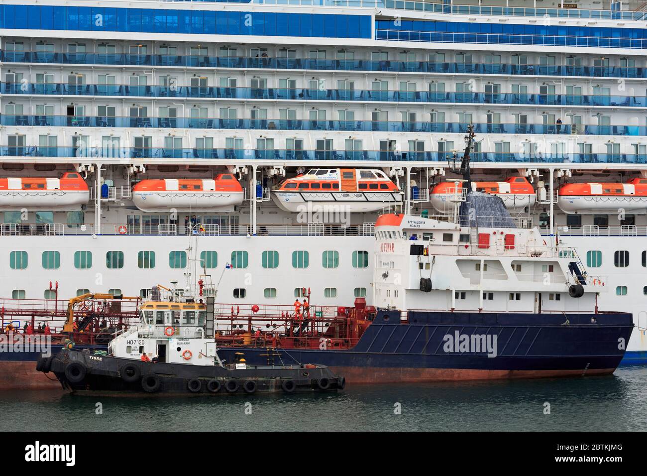 Refueling a cruise ship, Port of Manta, Manabi Province, Ecuador, South ...