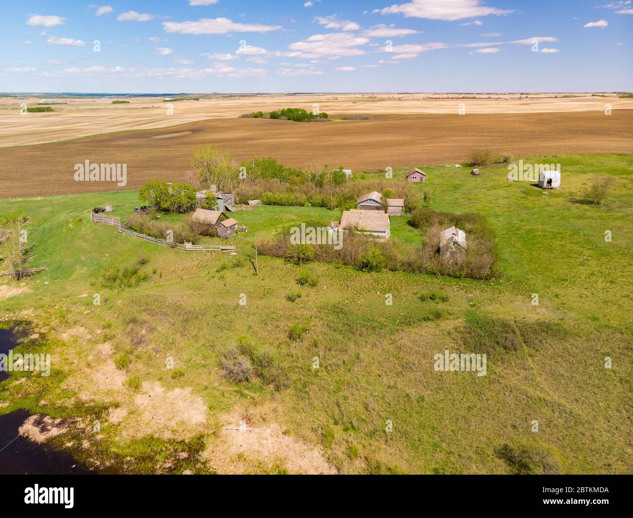 Aerial view of old dilapidated farm houses and other builds built in ...