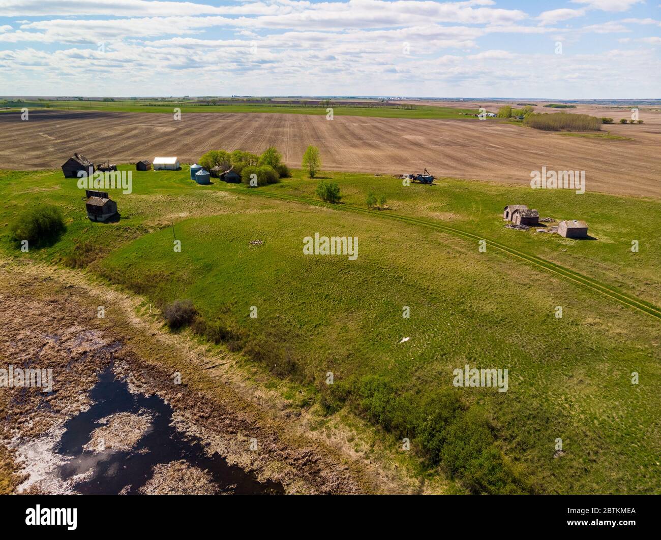 Aerial view of old dilapidated farm houses and other builds built in ...