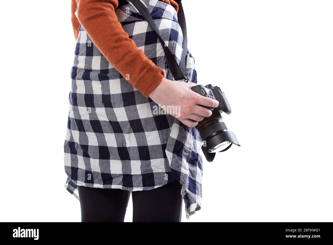 Close up view of unbranded lens and camera carried by a self-employed ...