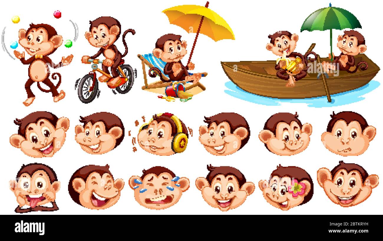 Set of monkeys with different facial expressions on white background ...