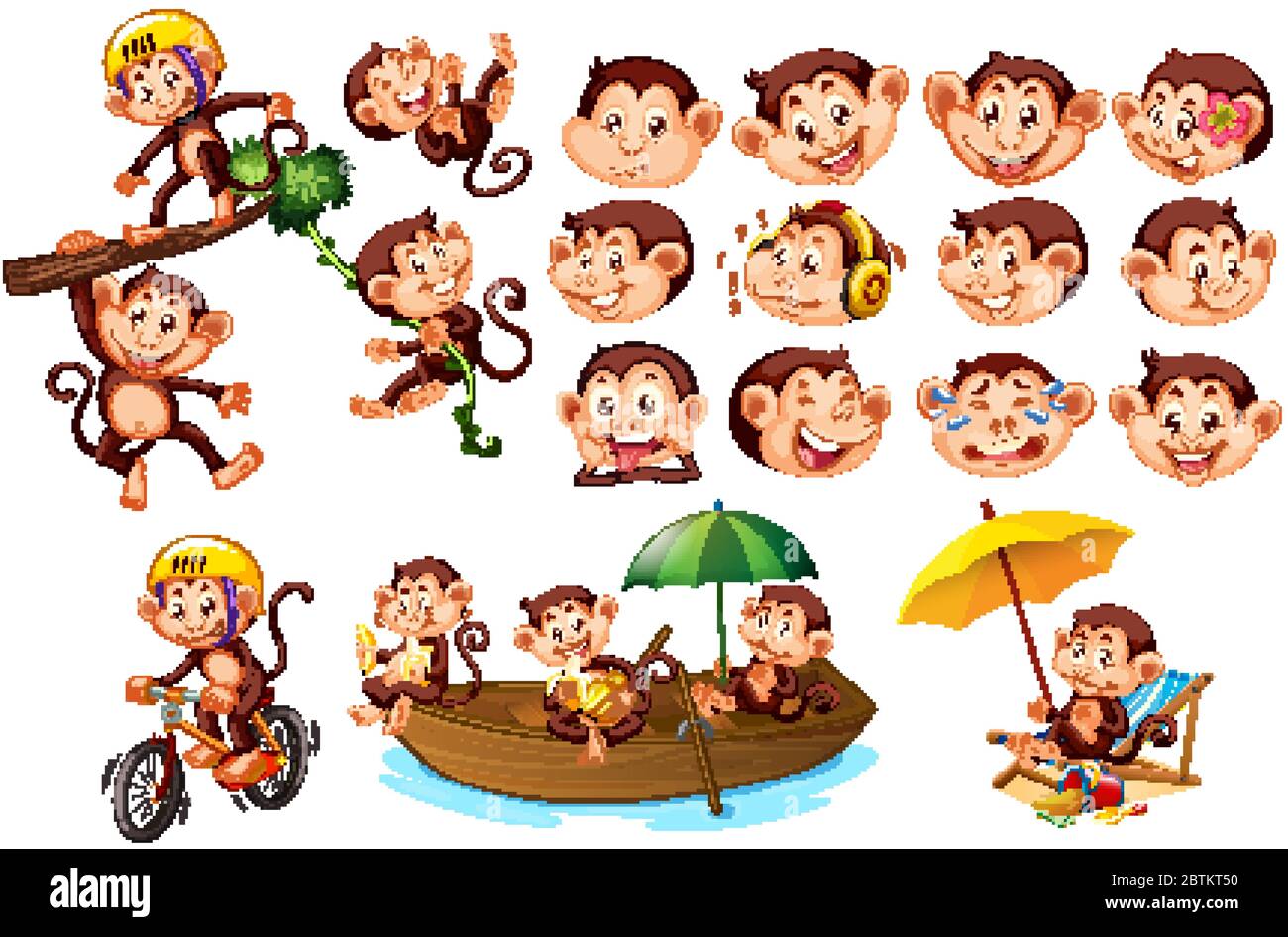 Set of cute monkeys with different facial expressions illustration ...
