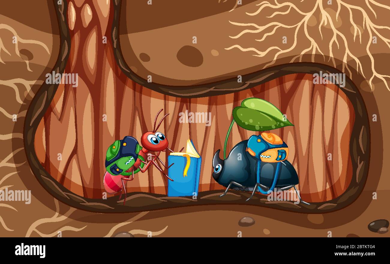 Underground scene with ant and beetle in the hole illustration Stock ...