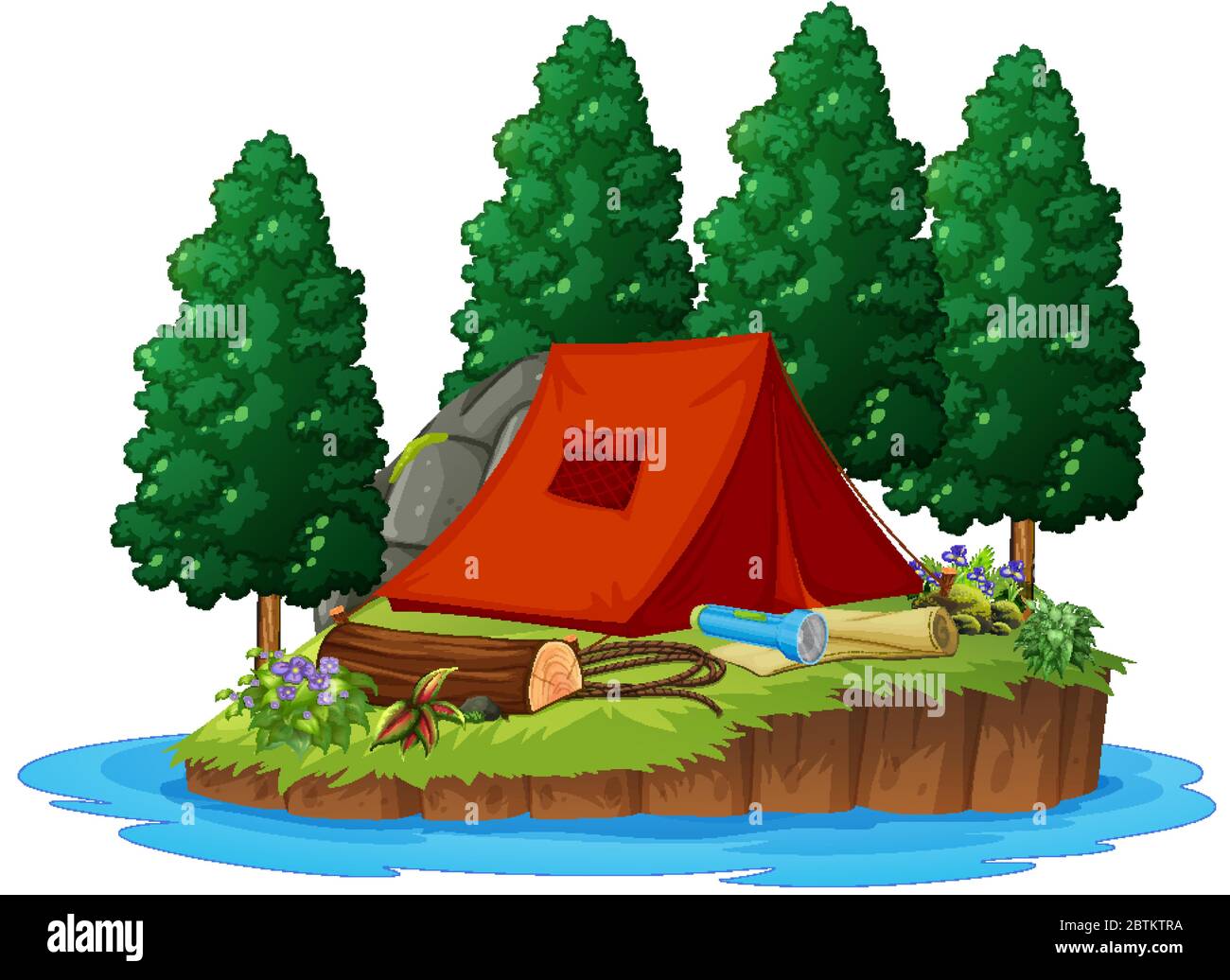 Scene with red tent in the woods on white background illustration Stock ...