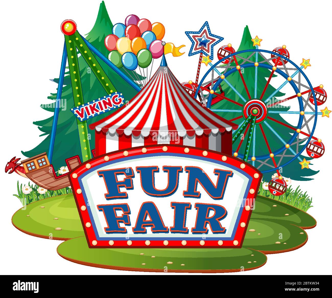 Scene with many rides at fun fair on white background illustration ...