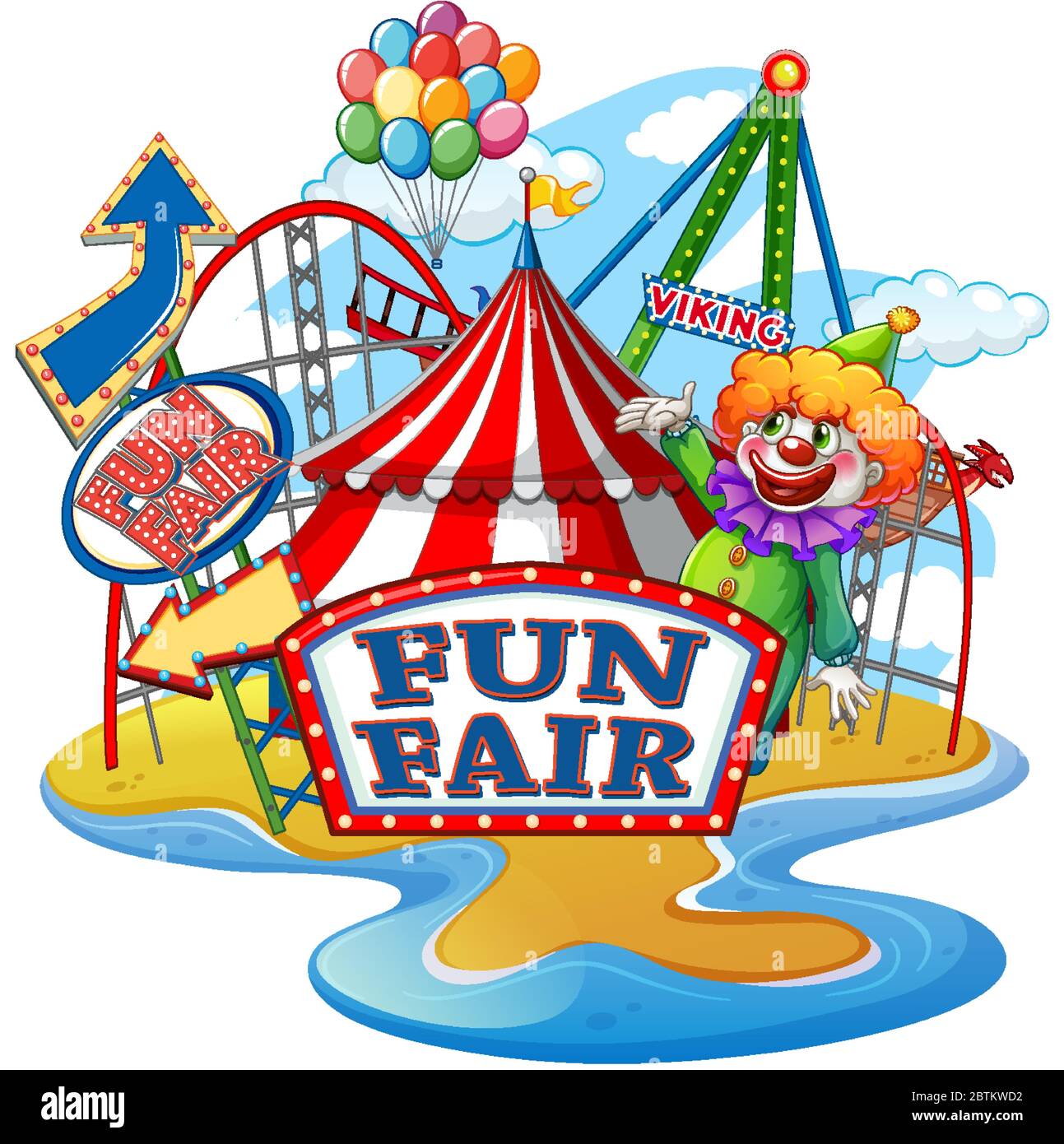 Scene with happy clown at fun fair on white background illustration ...