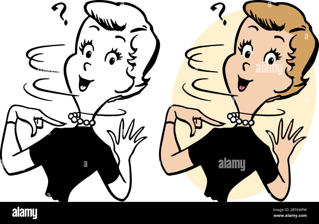 A cartoon of a woman with a surprised expression pointing at herself ...
