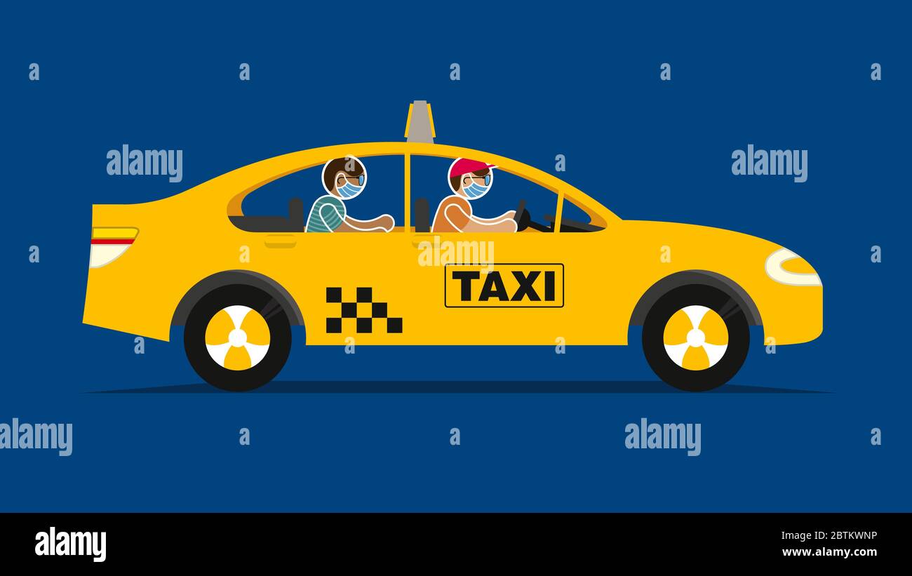 Simplified drawing of a yellow taxi seen in profile with the driver and ...