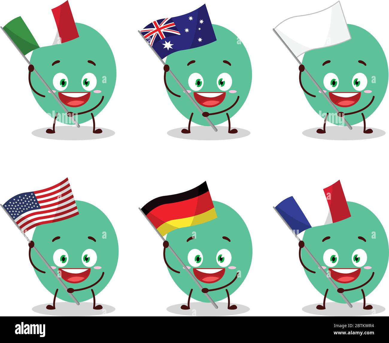Green baloon cartoon character bring the flags of various countries ...