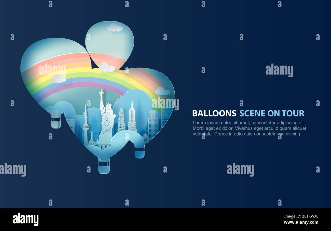 illustration of Liberty Statue balloons scene concept on blue sky ...