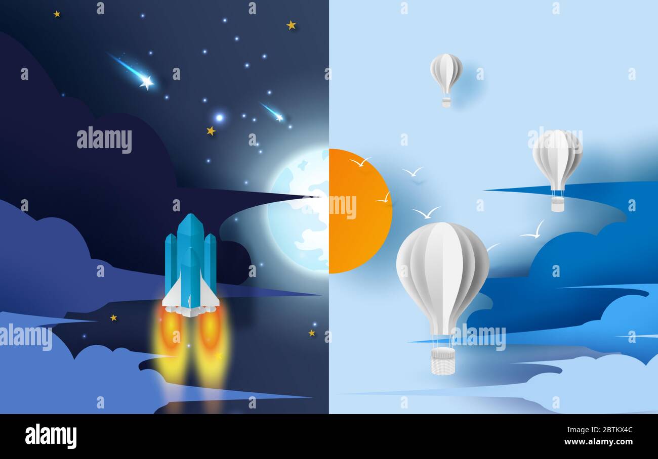 illustration of Half day and night, sun and moon with clouds.rocket ...