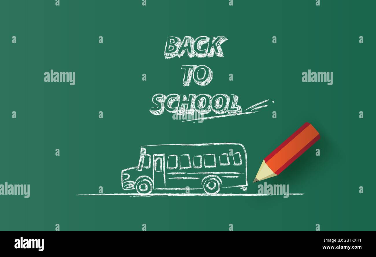 Back to school BUS Horizontal banner drawing on chalkboard.Creative ...