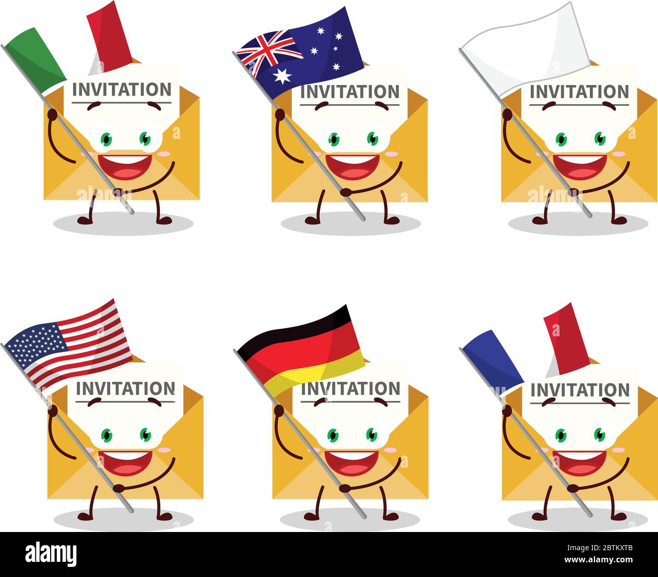 Invitation message cartoon character bring the flags of various ...
