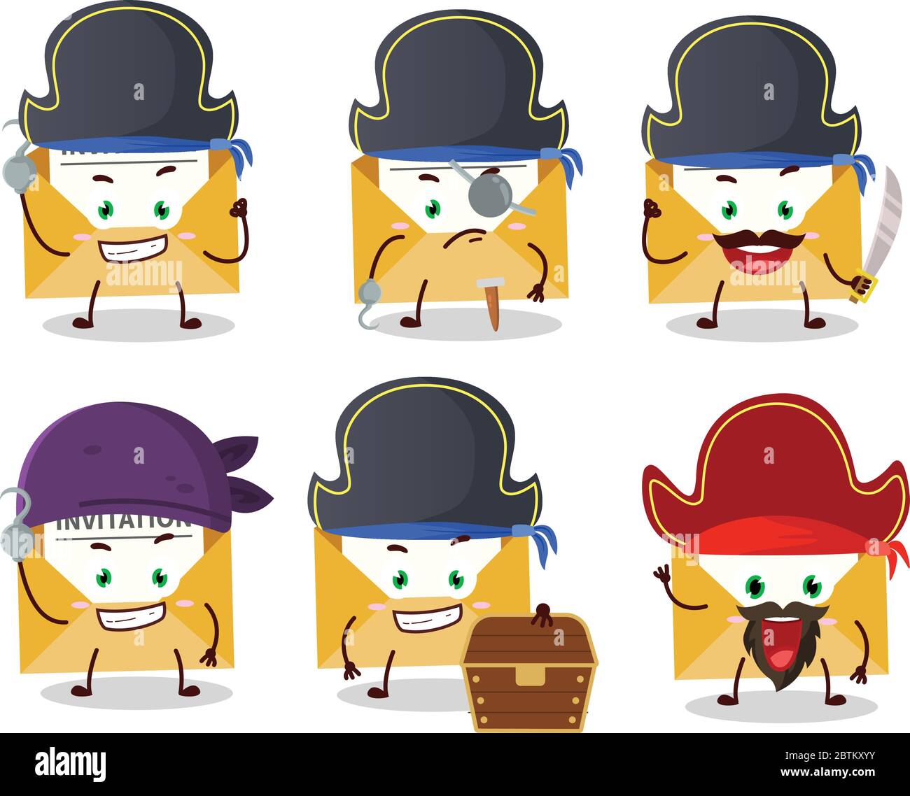 Cartoon character of invitation message with various pirate semoticons ...
