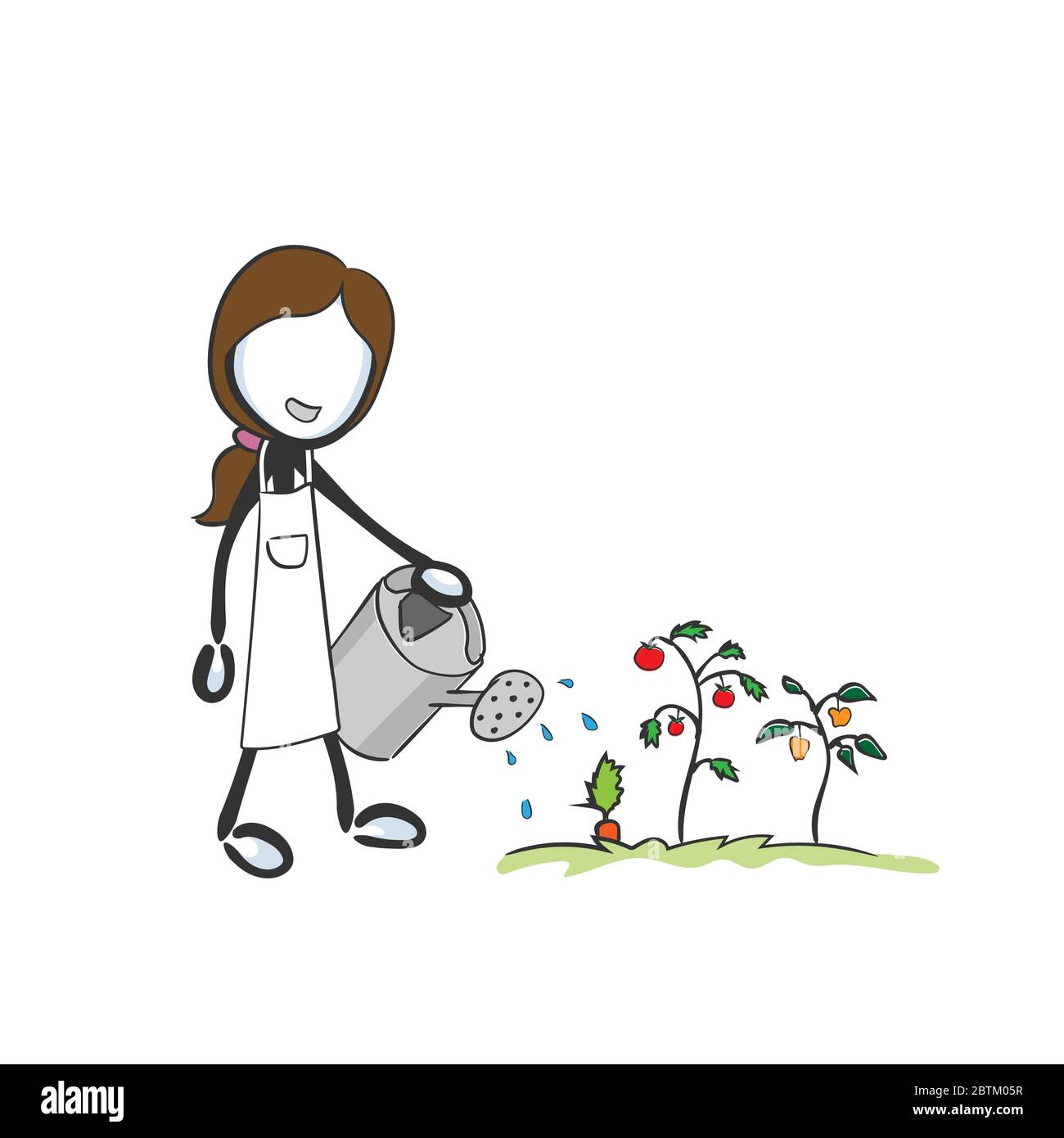 Gowing vegetables. Gardening and watering plants. Hand drawn. Stickman ...