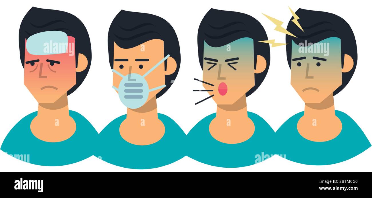 group of men sick with symptoms and use medical mask Stock Vector Image ...