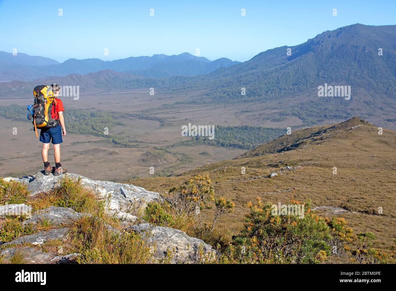 South Coast Track hiker on the slopes of the Ironbound Range Stock ...