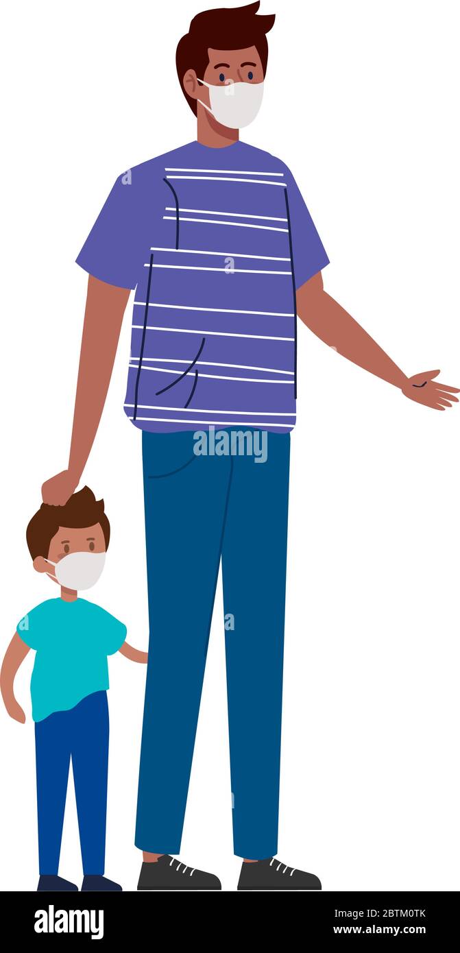 father and son wearing protective medical mask for prevent virus covid ...