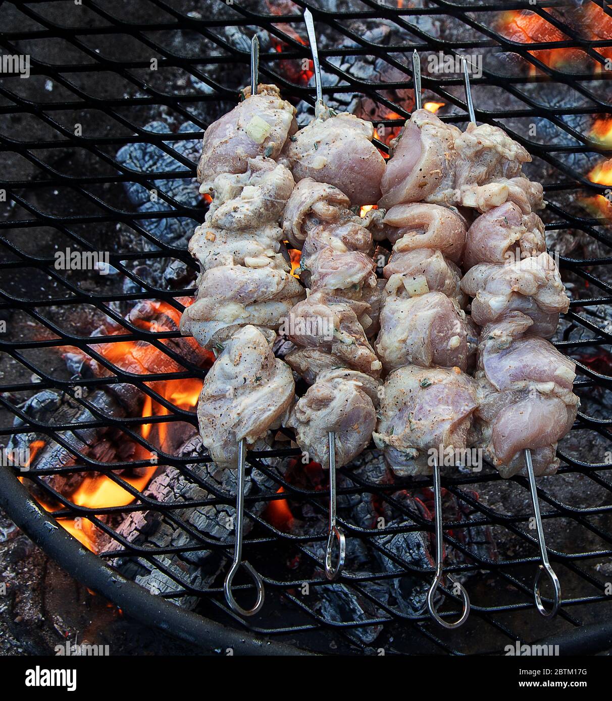 Healthy chicken kebab. Barbecue chicken meat on skewers outdoor. View ...
