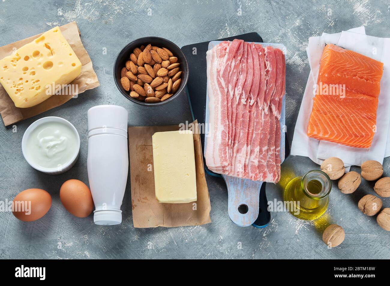 Foods rich in fats. Main food group - macronutrient fats. Top view ...