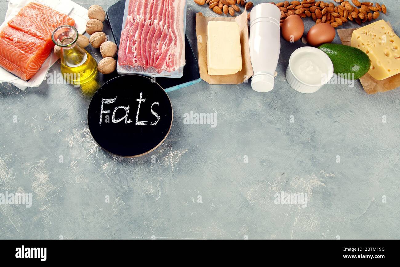 Foods rich in fats. Main food group - macronutrient fats. Top view with ...