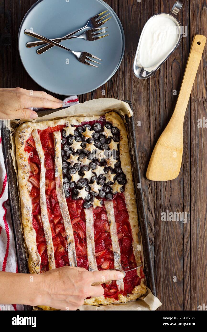 American flag Pie 4th of July. Piewith strawberries and blueberries ...