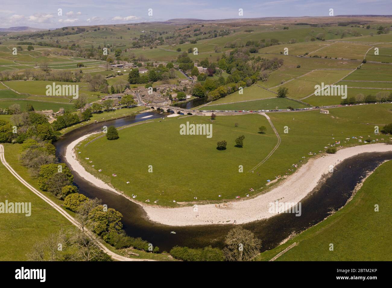 Aerial view of Burnsall, Wharfedale, Yorkshire Dales National Park ...