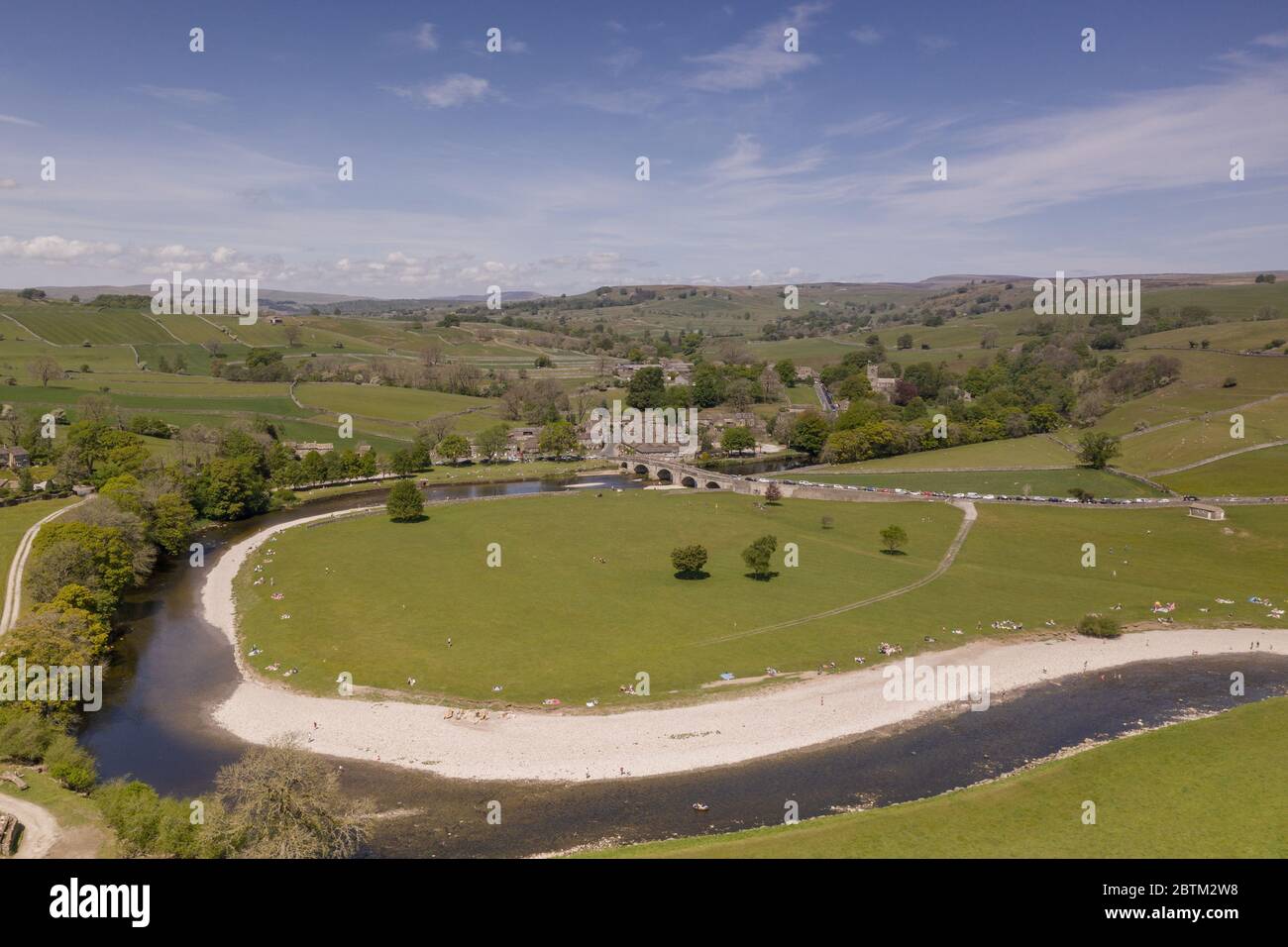 Aerial view of Burnsall, Wharfedale, Yorkshire Dales National Park ...