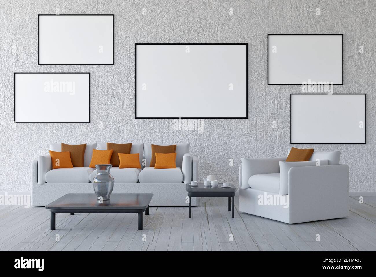 3D illustration. Home environment. Lounge with sofa, armchairs and ...