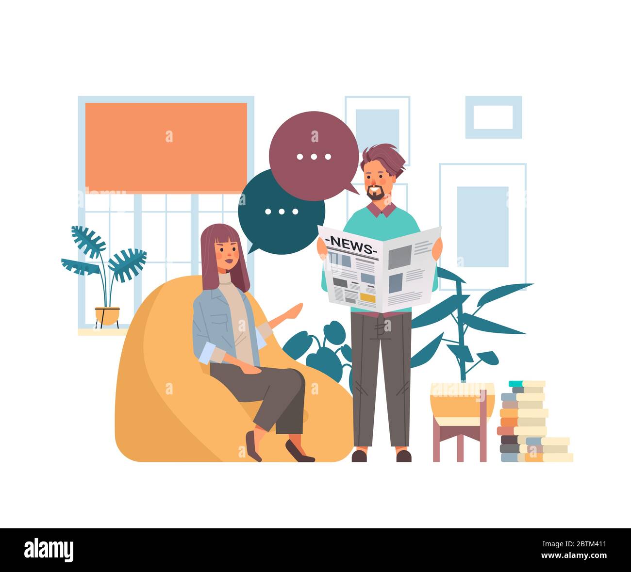 man woman reading newspapers couple discussing daily news together chat ...