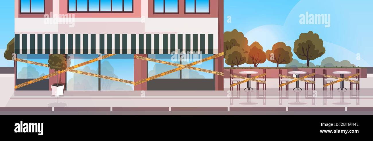 closed cafe building with yellow tape coronavirus pandemic quarantine ...