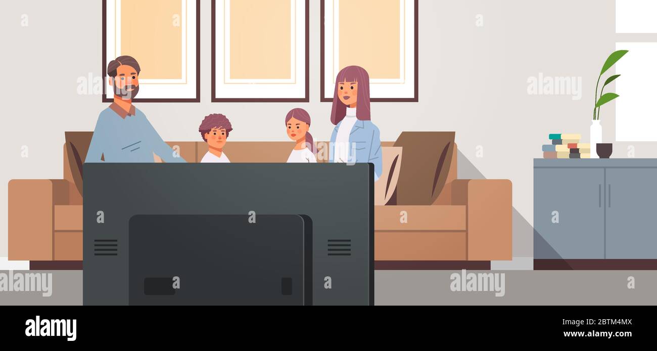 family watching TV daily news program parents with children sitting on ...