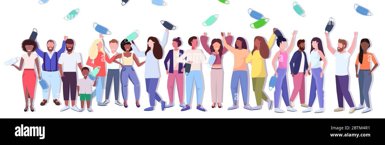 mix race people crowd throwing face masks celebrating victory over ...