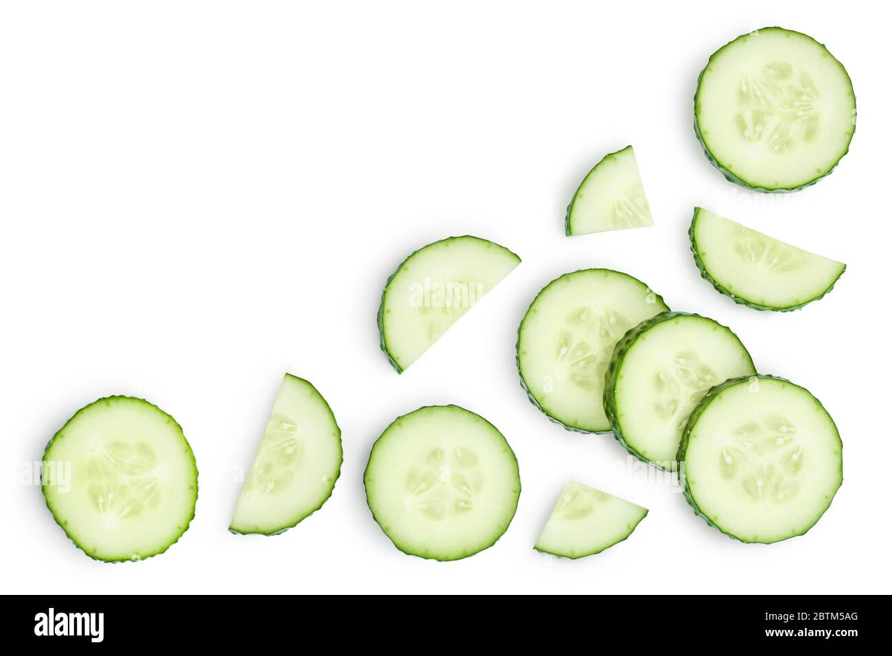 Sliced cucumber isolated on white background with clipping path and full depth of field, Top ...