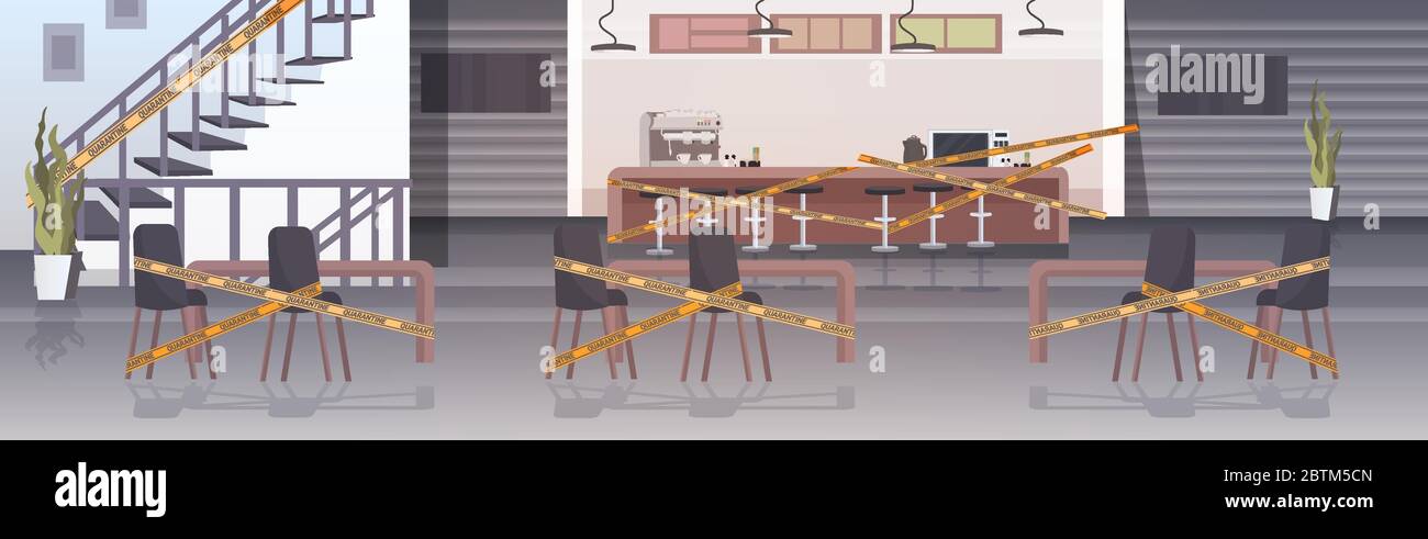 empty closed cafe with yellow tape coronavirus pandemic quarantine ...