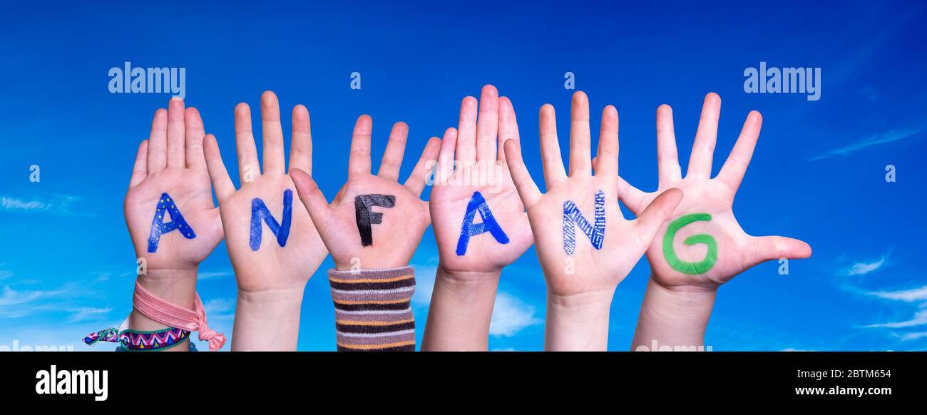 Children Hands Building Word Anfang Means Beginning, Blue Sky Stock ...