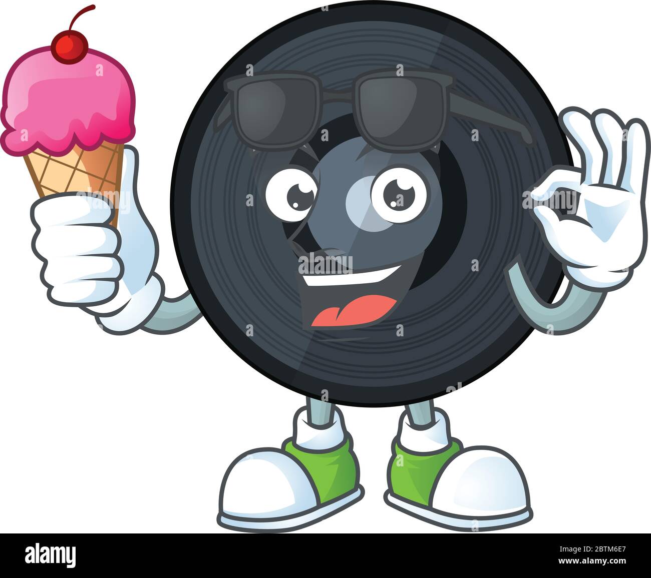 Happy face of music viynl disc cartoon mascot having an ice cream Stock ...