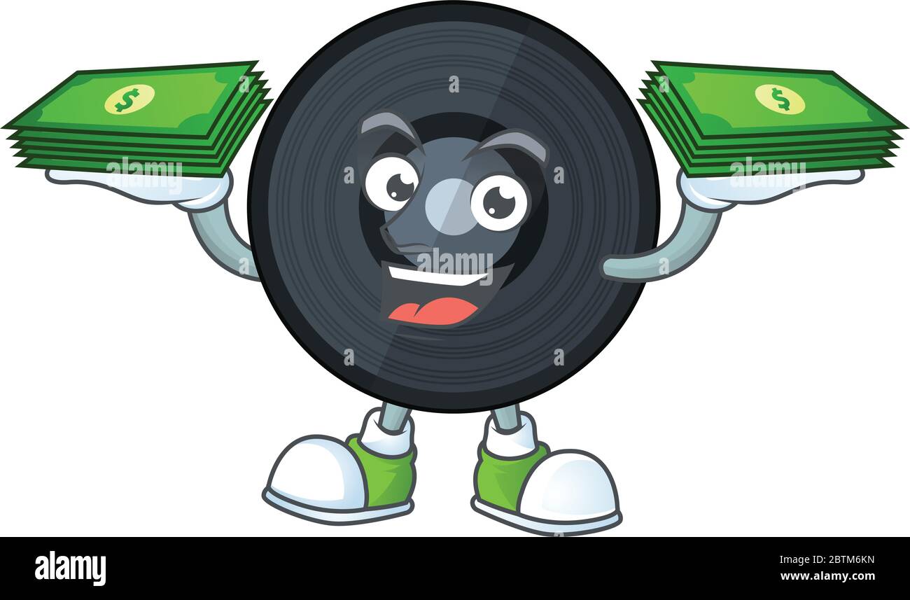 A cheerful music viynl disc cartoon mascot design having some money on ...