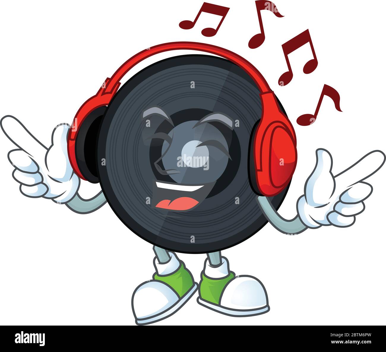 Cartoon drawing design of music viynl disc listening to the music with ...