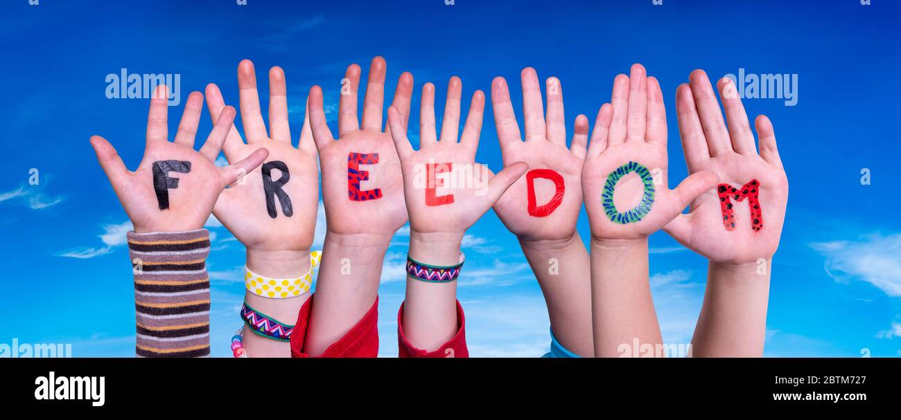 Children Hands Building Word Freedom, Blue Sky Stock Photo - Alamy