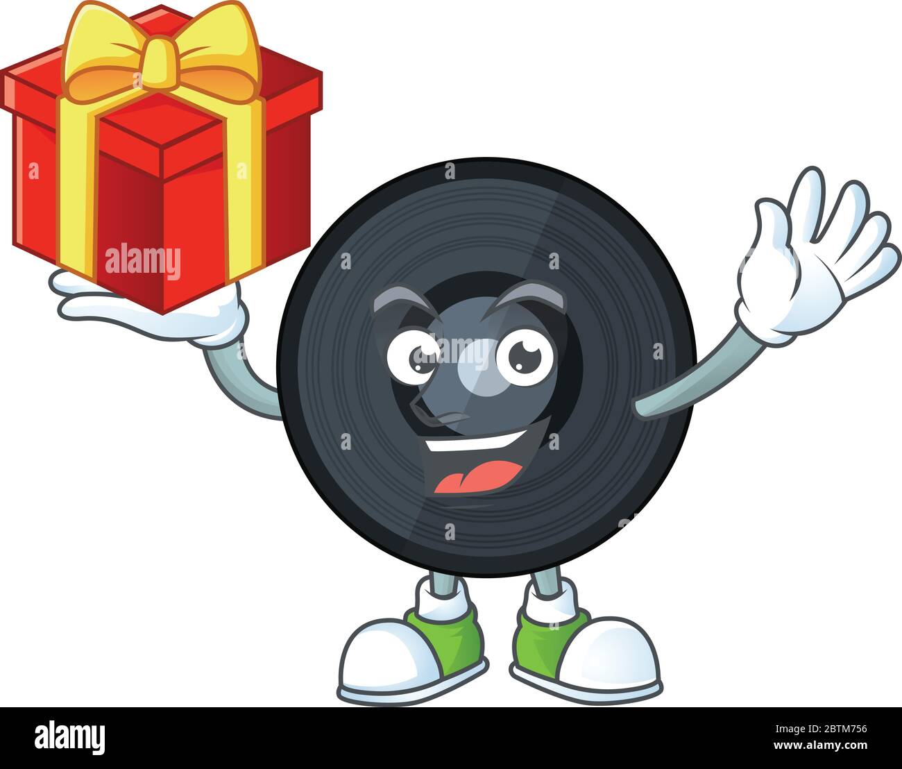 Music viynl disc cartoon mascot concept design with a red box of gift ...