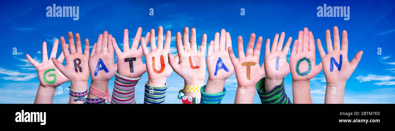Children Hands Building Word Gratulation Means Congratulations, Blue ...